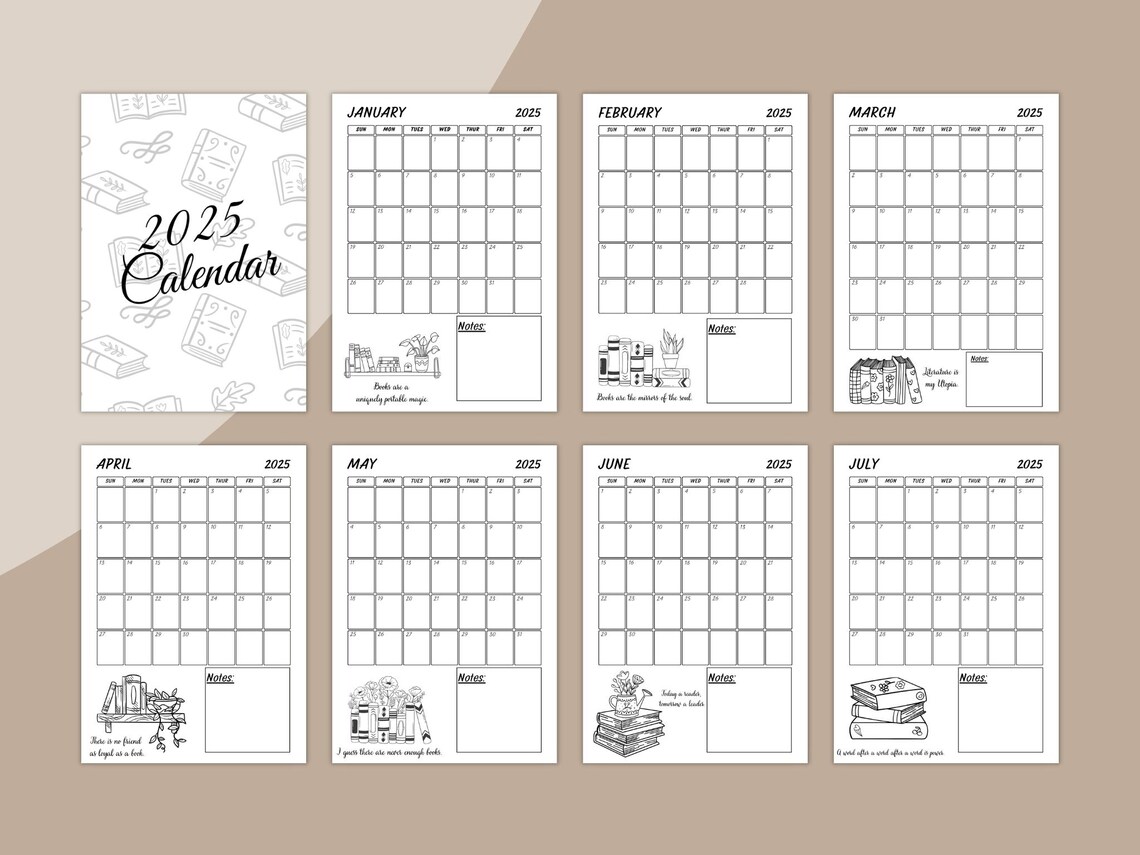 Printable Calendar 2025 - Book Themed Calendar - 12 Month Calendar ...