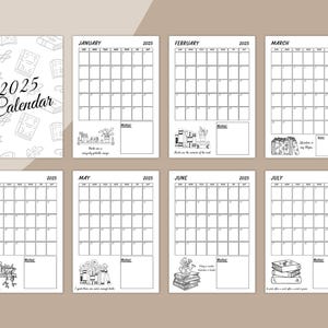 Printable Calendar 2025 - Book Themed Calendar - 12 Month Calendar ...