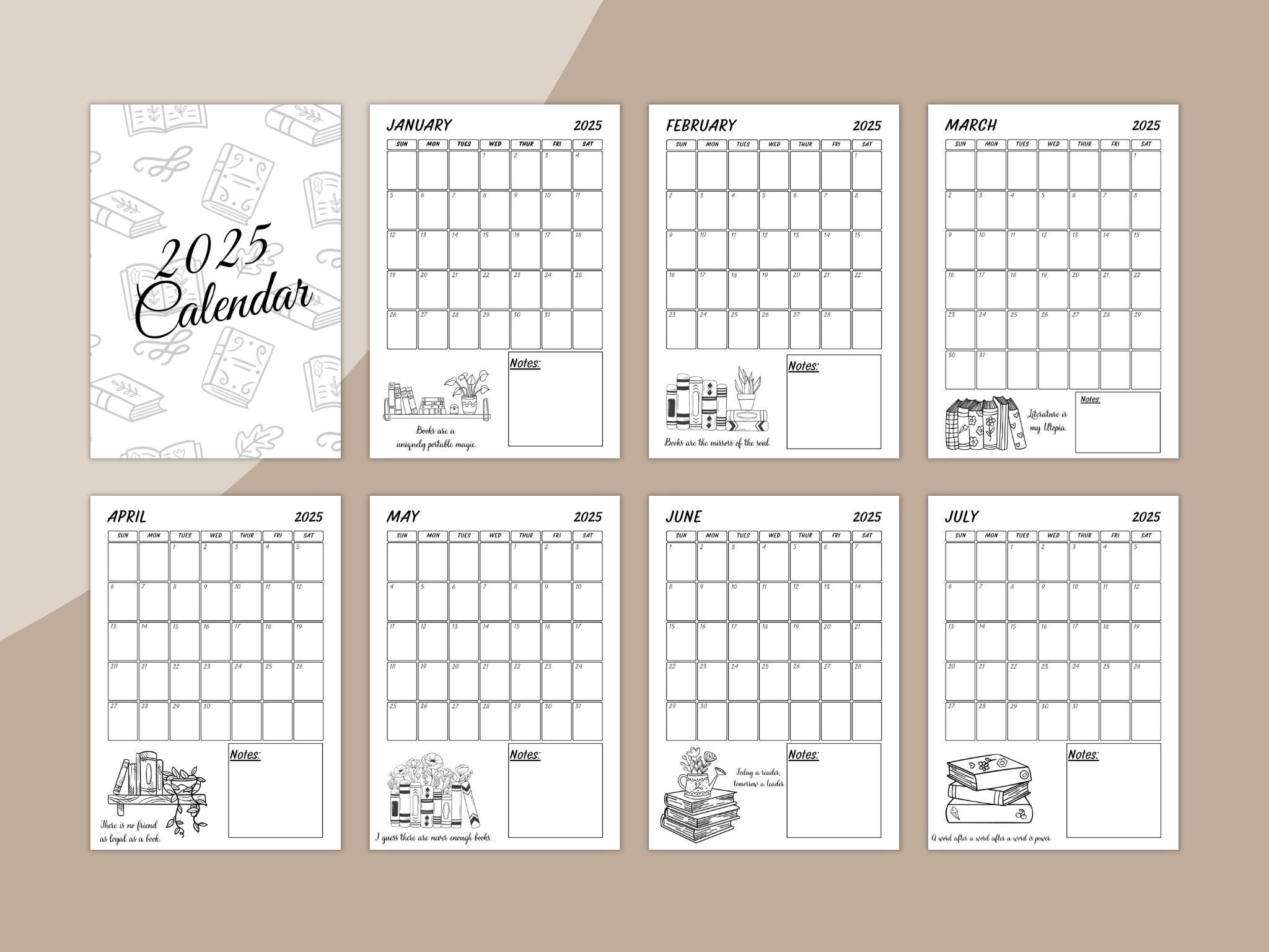 Printable Calendar 2025 - Book Themed Calendar - 12 Month Calendar ...