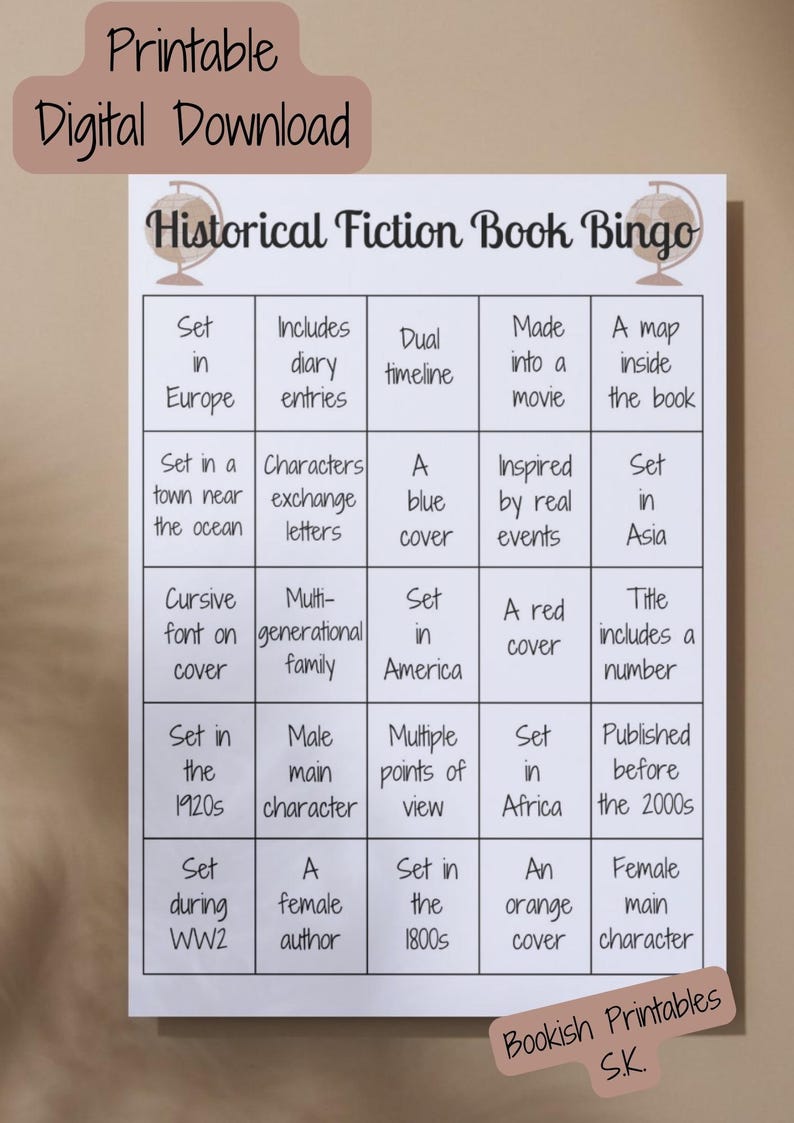 Printable Historical Fiction Book Bingo Reading Challenge (A4, A5, Half ...