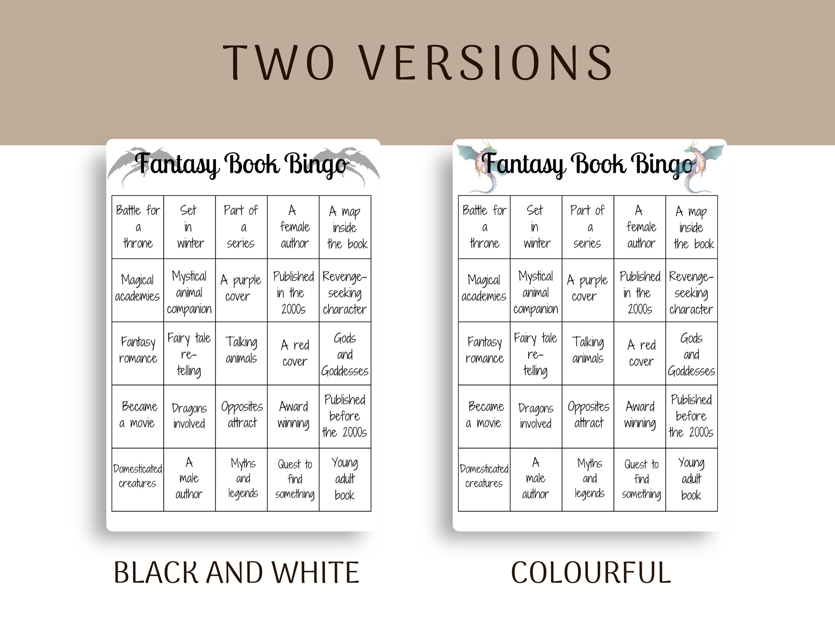 Fantasy Book Bingo Printable Book Bingo Printable Tracker Reading ...