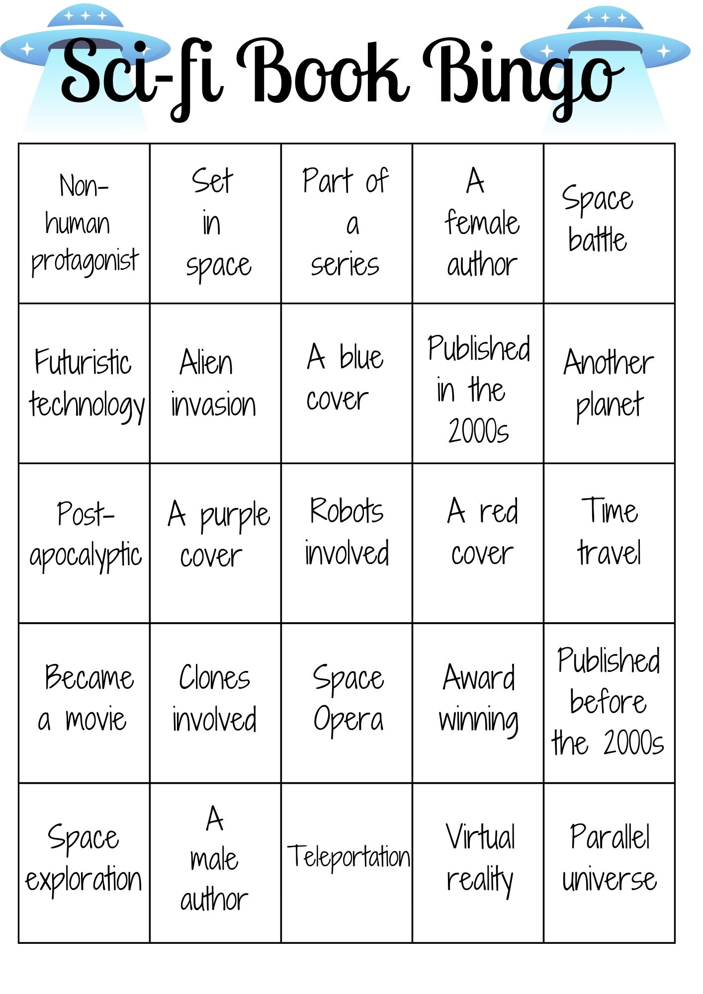 Sci-fi Book Bingo Printable Book Bingo Printable Tracker Reading ...