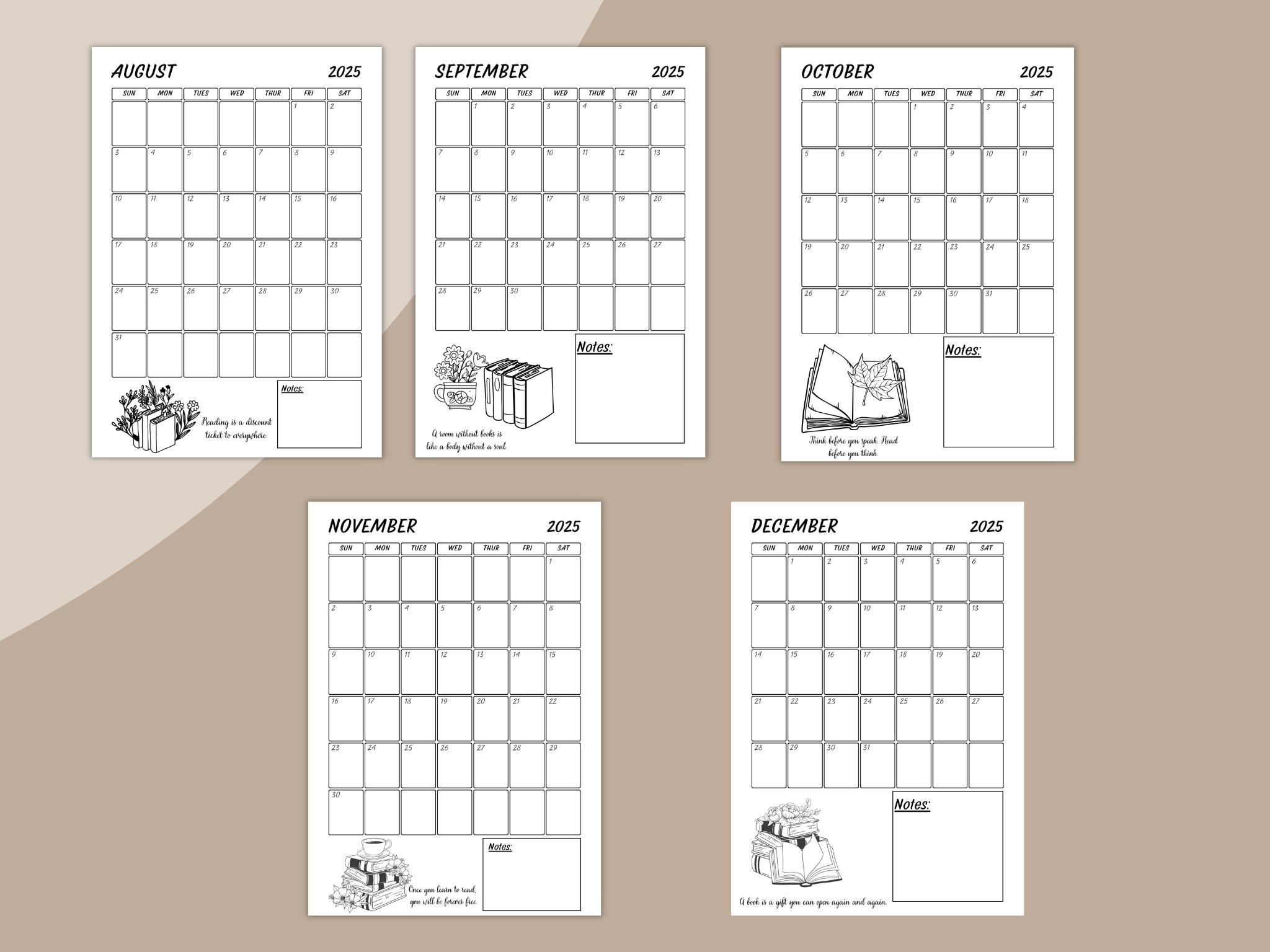 Printable Calendar 2025 - Book Themed Calendar - 12 Month Calendar ...