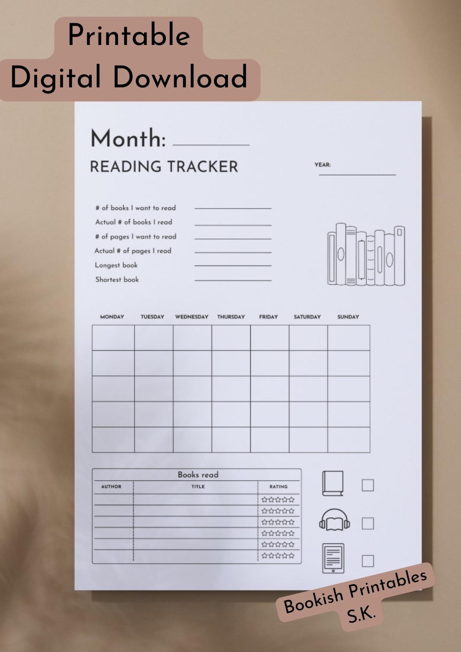 Printable Reading Tracker: Monthly & Yearly Book Journal (digital ...