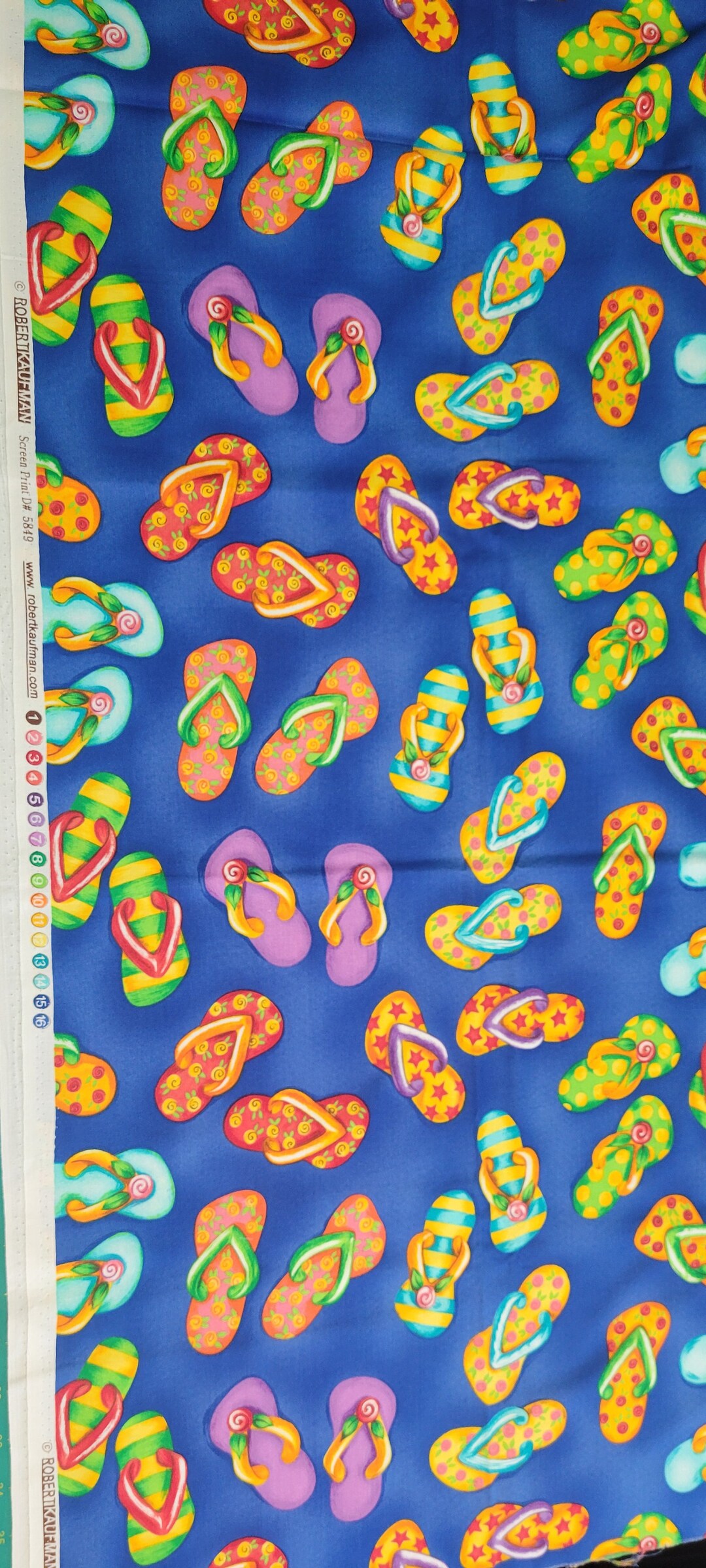 Flip Flop Fabric. Multiple Colored Flipflops on Blue Background. Robert ...