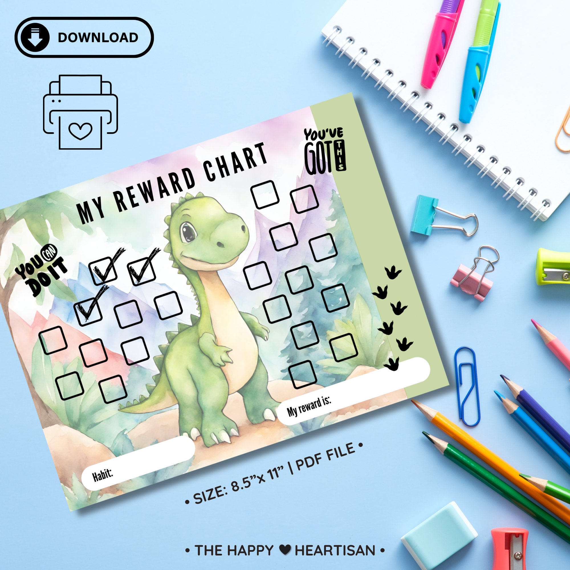 Dinosaur Reward Chart INSTANT DOWNLOAD Kids Reward Chart Reward Chart ...