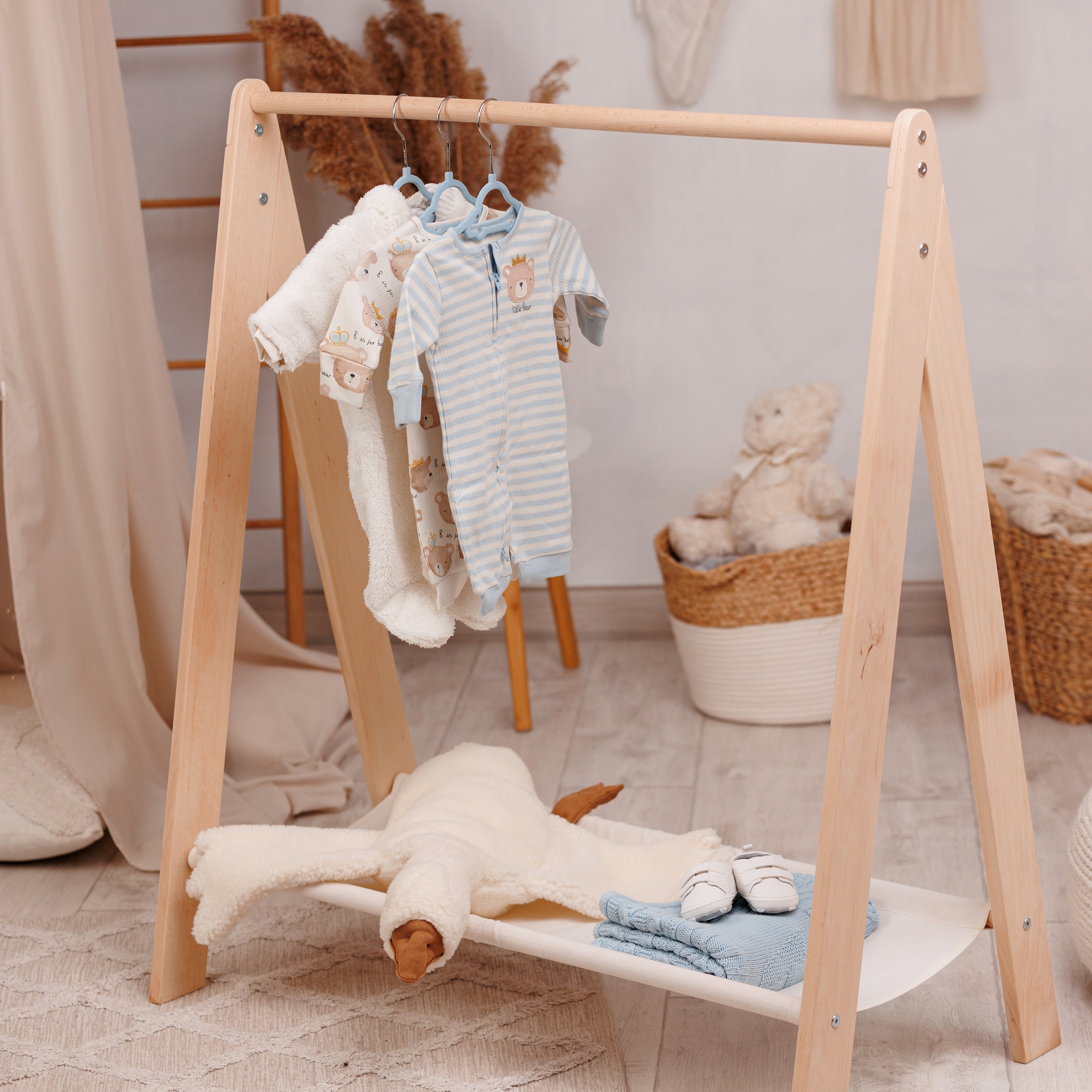 Clothing Rack for Toddler Room, Montessori Wardrobe With Linen Shelf ...