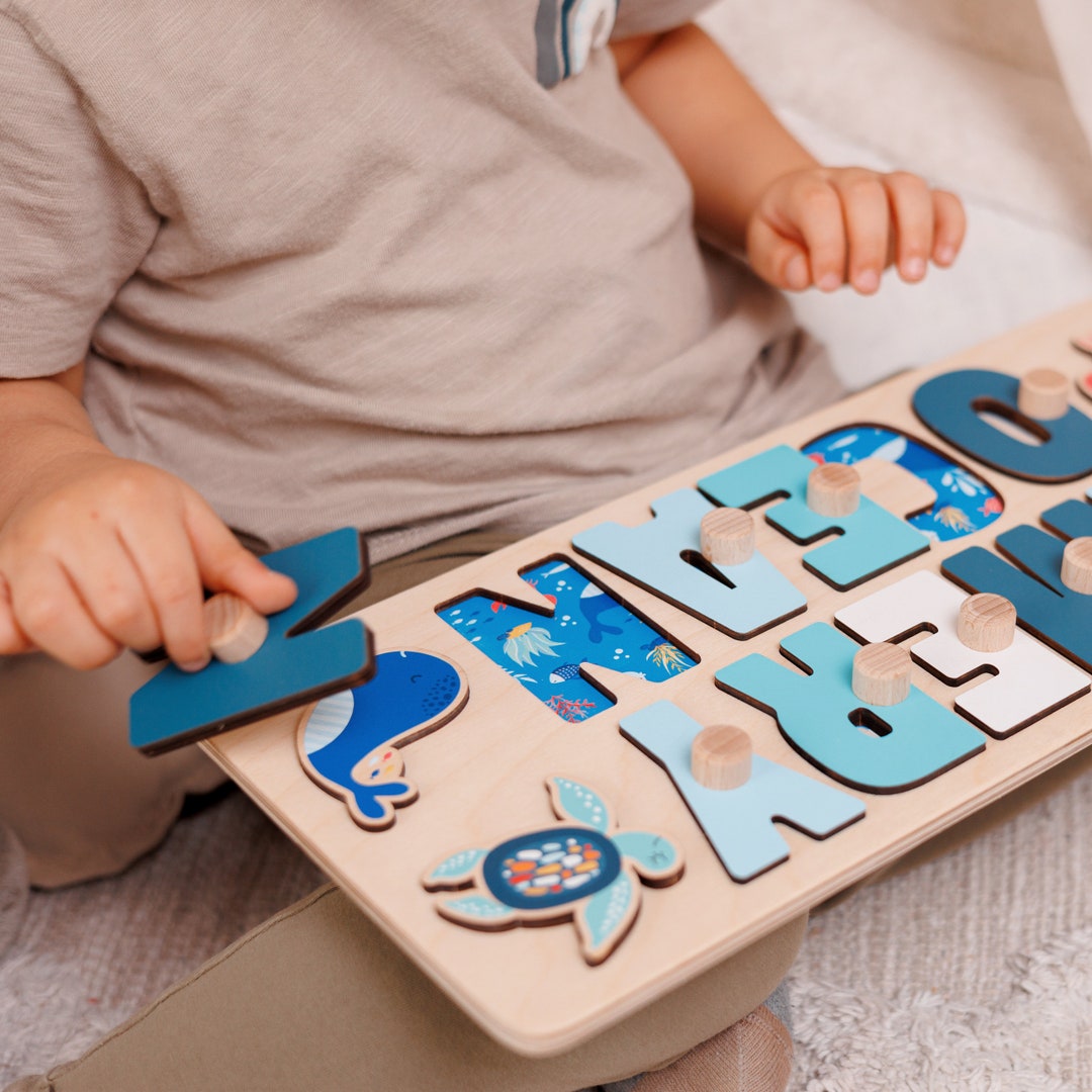 Baby Name Puzzle With Ocean Print, Personalized Wooden Name Puzzle ...