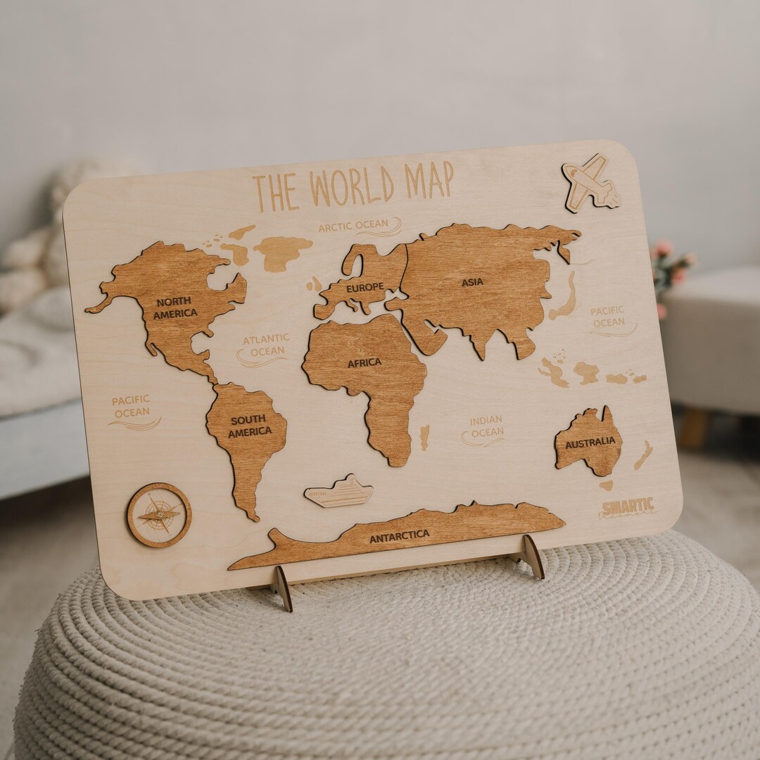 Wooden World Map Puzzle for Kids, Rustic Wooden Map Decor for Nursery ...