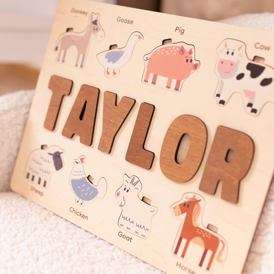 Personalized Name Puzzle: Farm Animals, Montessori Wooden Toy - Etsy