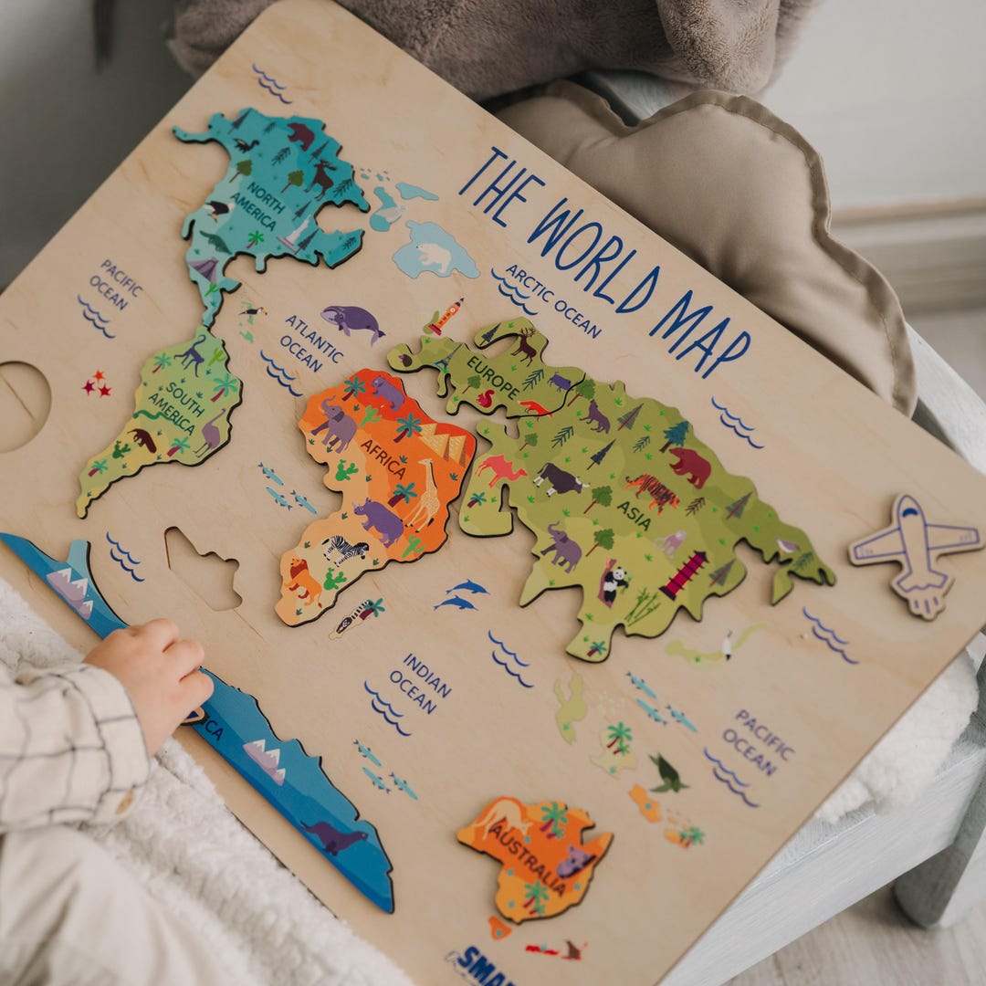 Montessori World Map Puzzle: Wooden Animals, Geography Learning - Etsy
