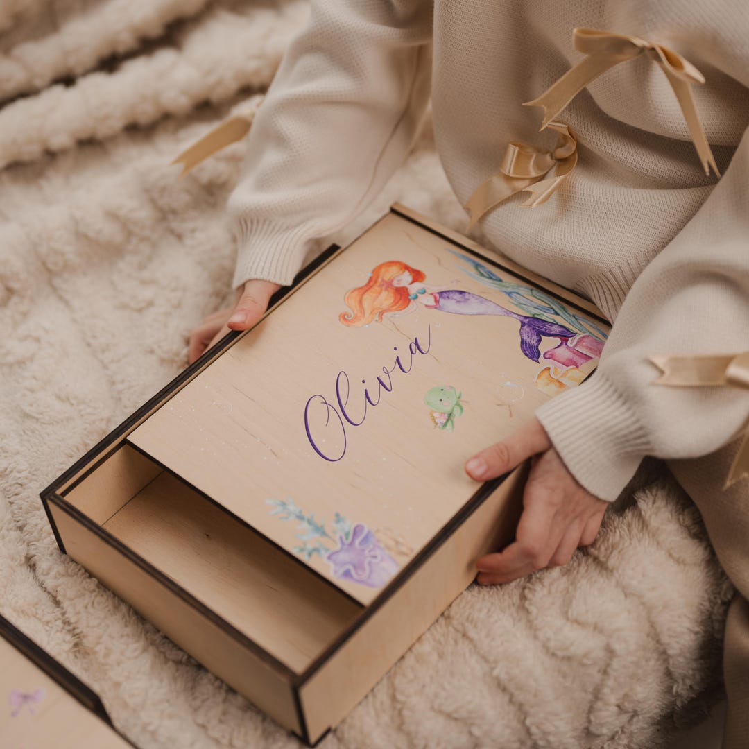 Custom Baby Memory Box With Mermaid, Baby Girl Christening Gift, Baby ...