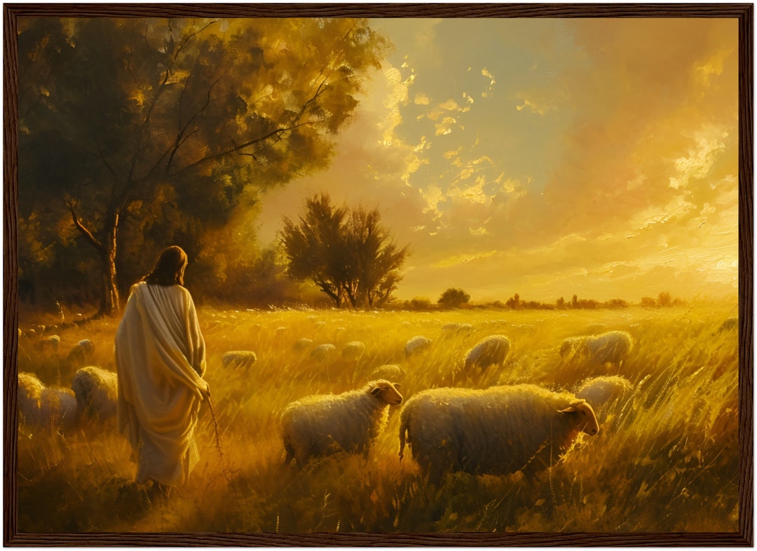 Guardian of Grace: Impressionist Wall Art Jesus Watching Over Sheep in ...