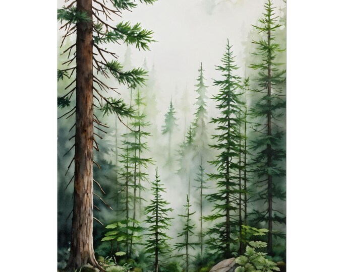 Watercolor Foggy Pine Forest Print, Woodland Poster, Watercolor Nature Painting, Landscape Misty ...