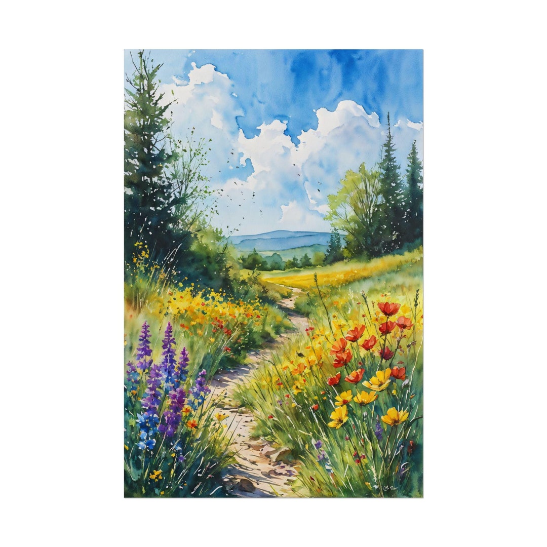 Watercolor Wildflower Meadow Art Print, Floral Path Poster, Spring ...