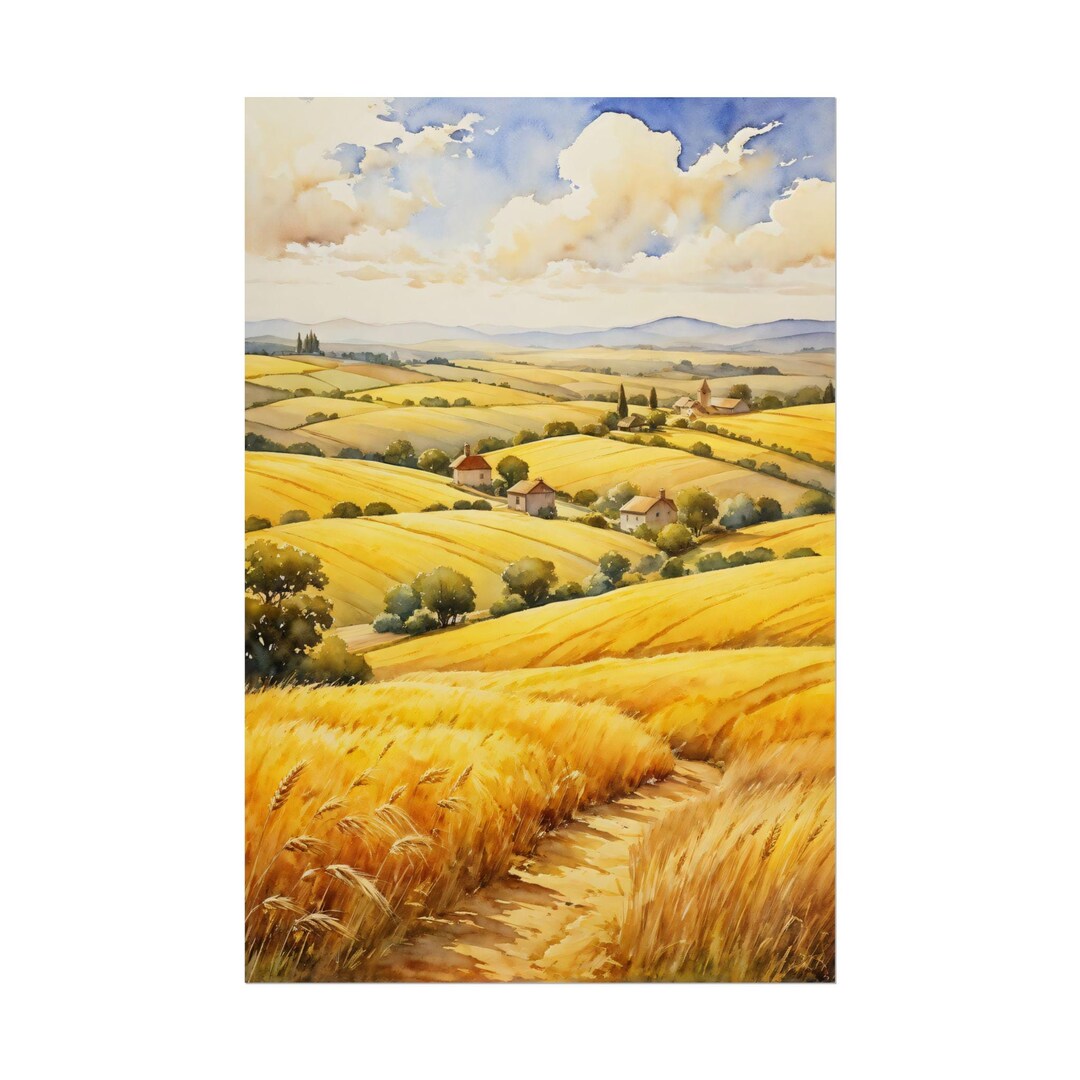 Watercolor Wheat Field Painting, Countryside Poster, Golden Wheat Field ...
