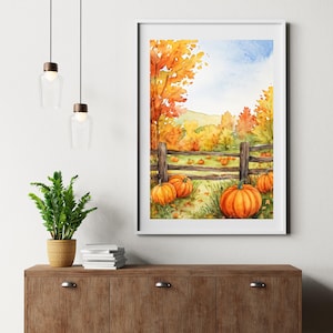 Watercolor Pumpkin Patch Art Print, Halloween Painting, Rustic Autumn Poster, Cozy Fall Wall ...