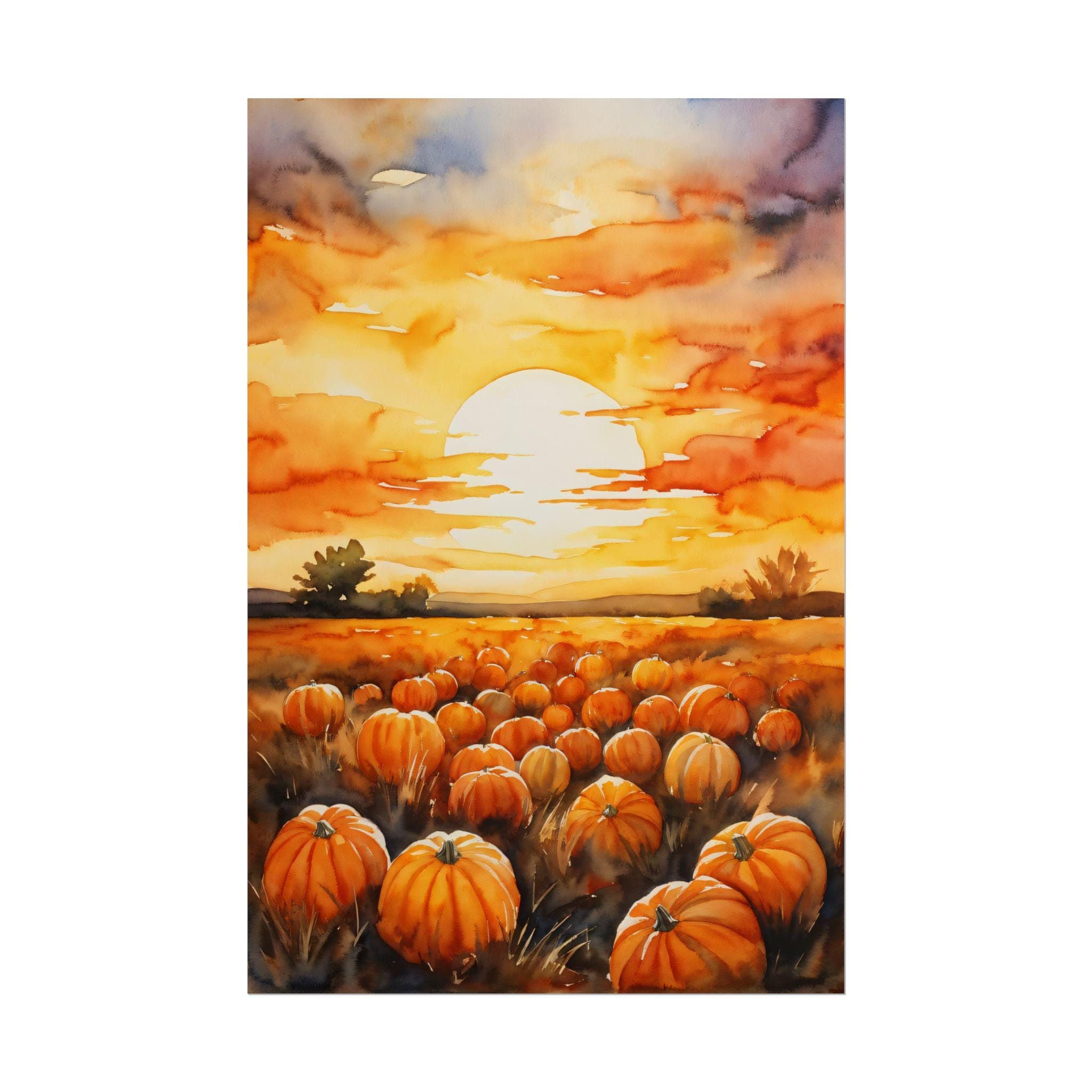 Watercolor Pumpkin Patch Art Print, Sunset Painting, Rustic Autumn ...