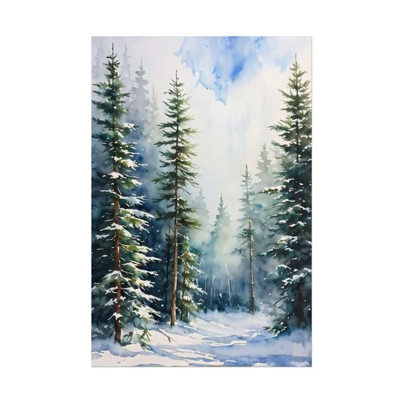 Watercolor Winter Pine Forest Painting, Winter Landscape Art Print ...