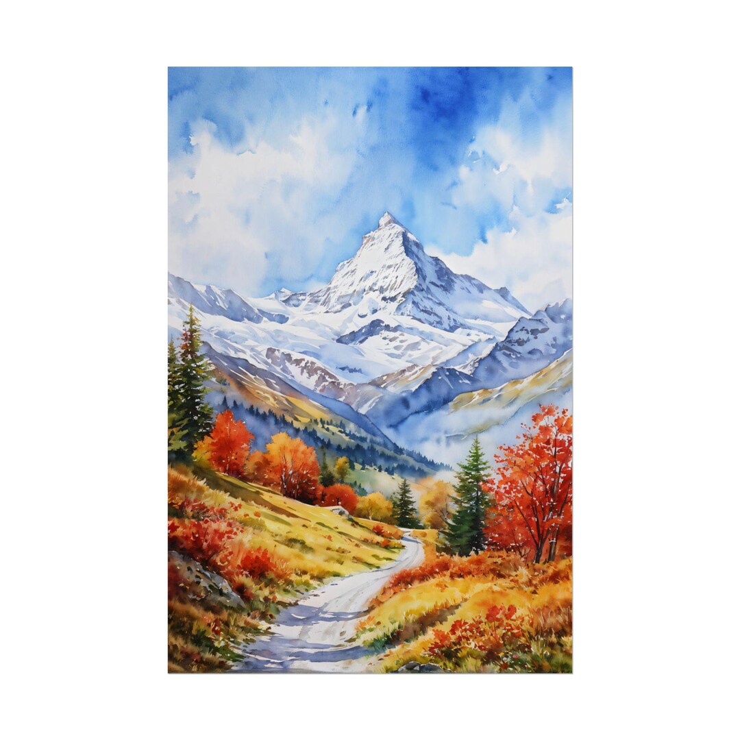 Watercolor Swiss Alps Print, Autumn Mountain Painting, Fall Landscape ...