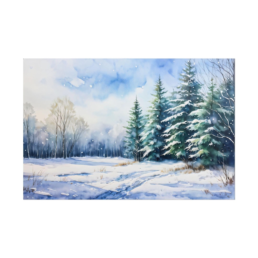 Watercolor Winter Forest Painting, Rustic Winter Landscape Art Print ...