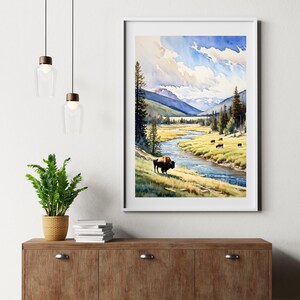 Yellowstone National Park Art Print, US Travel Poster, Bison Painting ...