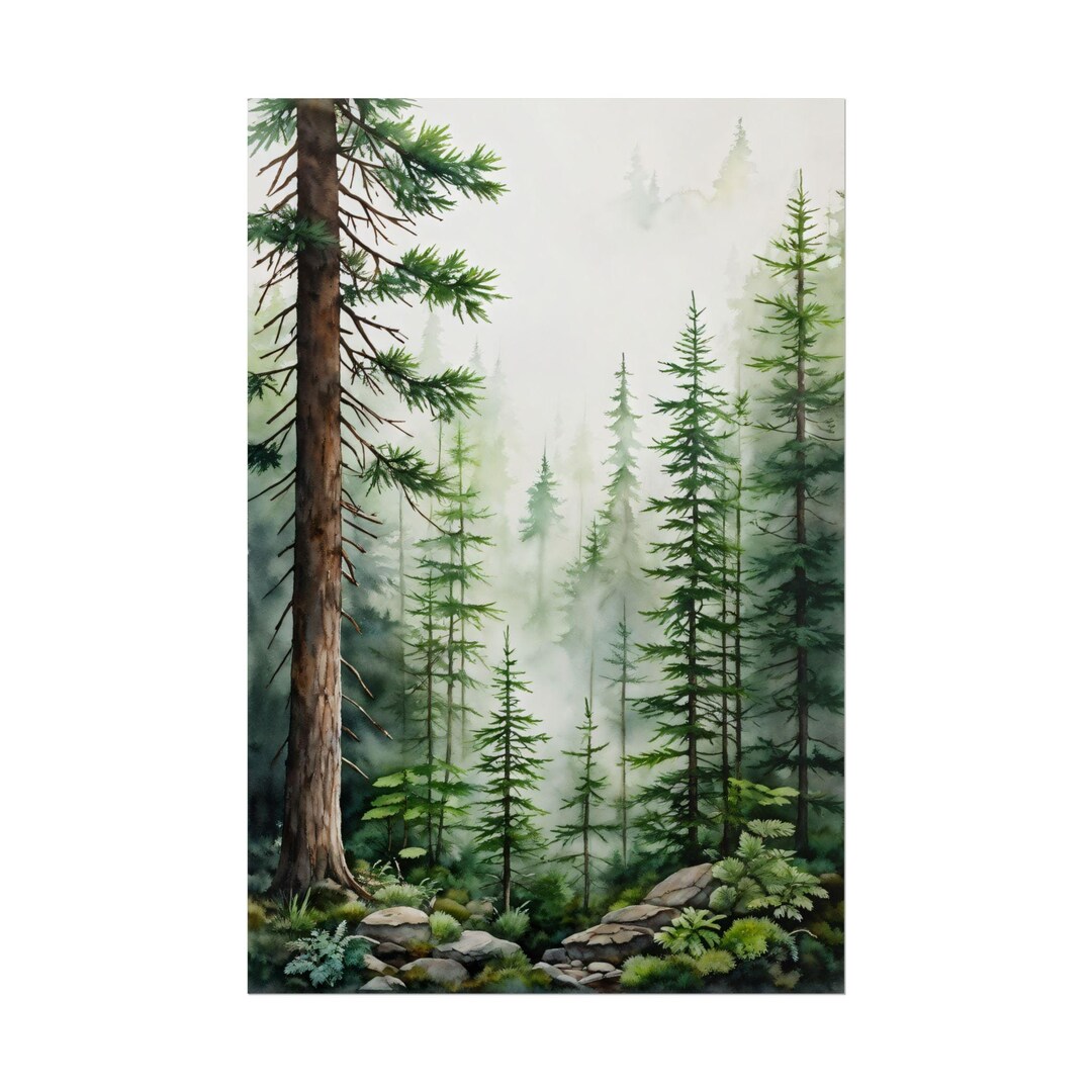 Watercolor Foggy Pine Forest Print, Woodland Poster, Watercolor Nature ...
