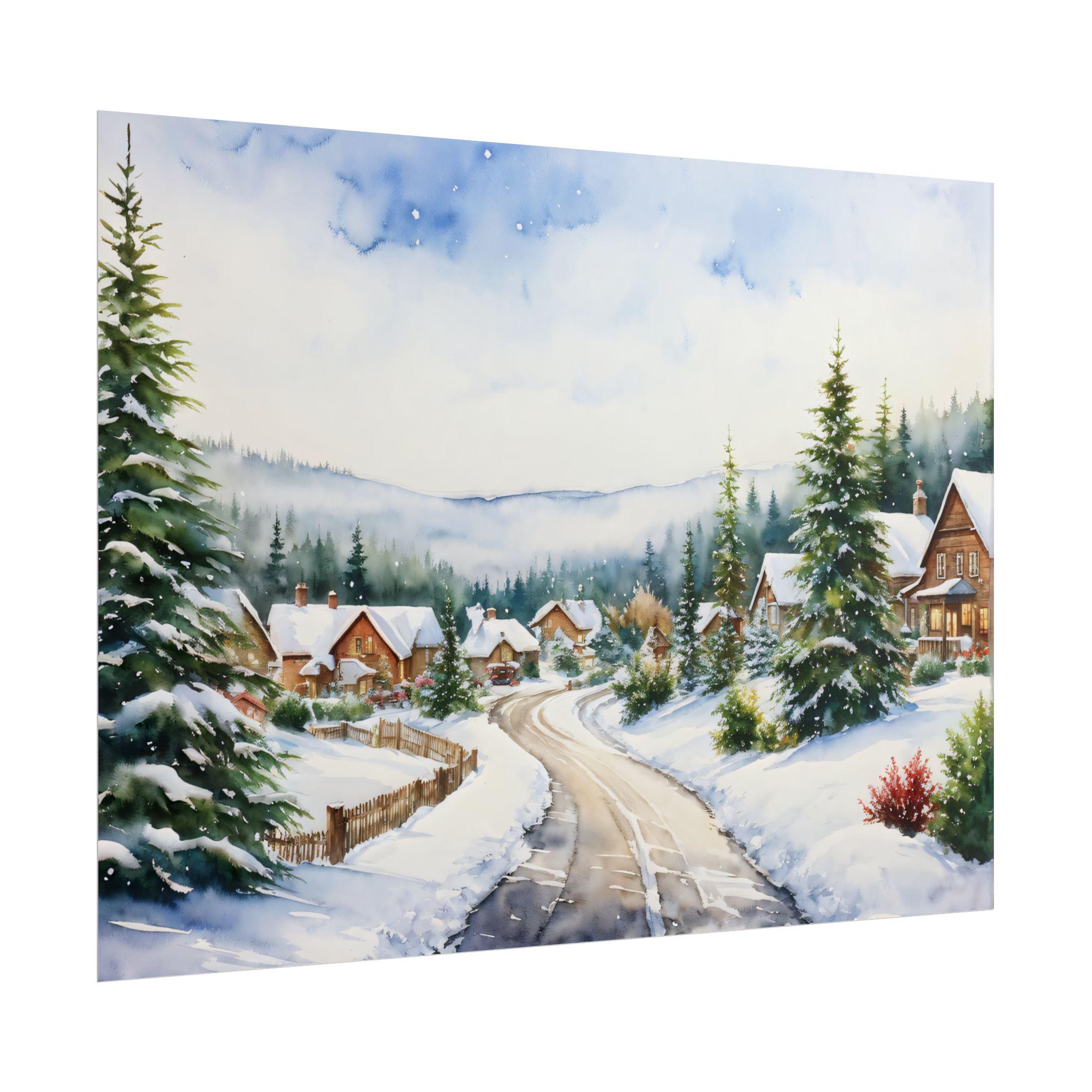 Christmas Winter Village Print, Watercolor Snowy Village Poster, Winter ...