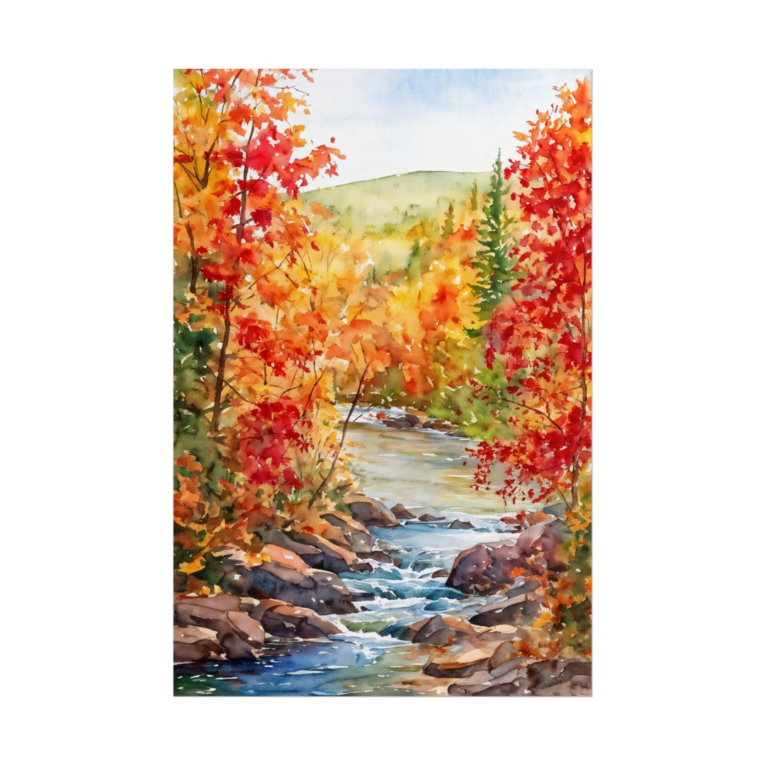 Watercolor Fall River Art Print, Cozy Autumn Painting, Fall Landscape ...