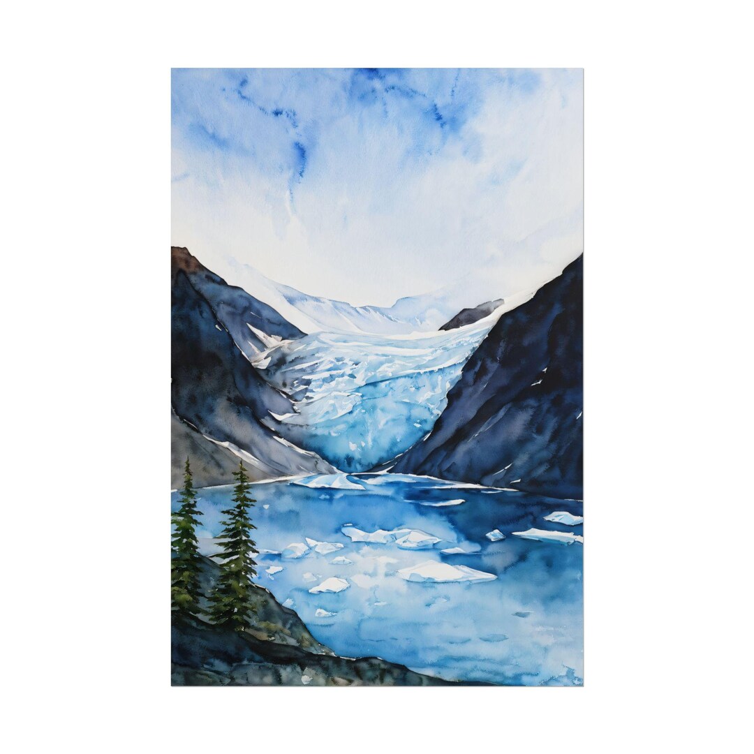 Watercolor Glacier Art Print, Mountain Lake Poster, Winter Landscape ...