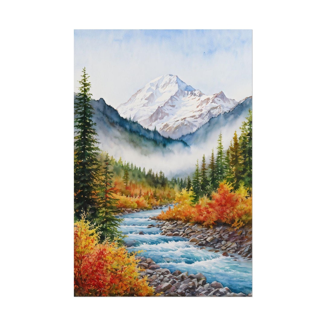 Watercolor Fall River Art Print, Misty Mountain Landscape, Pine Trees ...