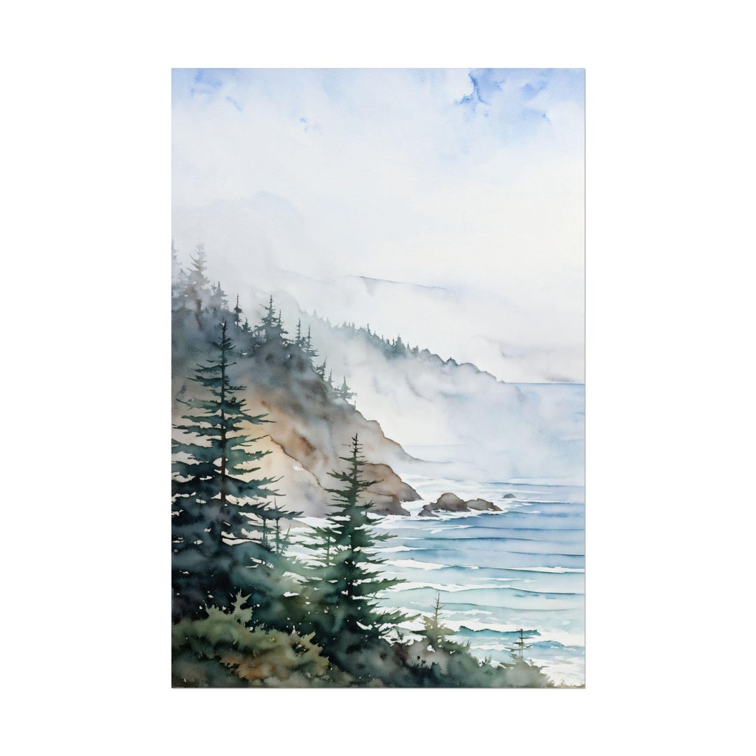 Pacific Mist Watercolor Coastline Art Print, Pacific Northwest, Ocean ...