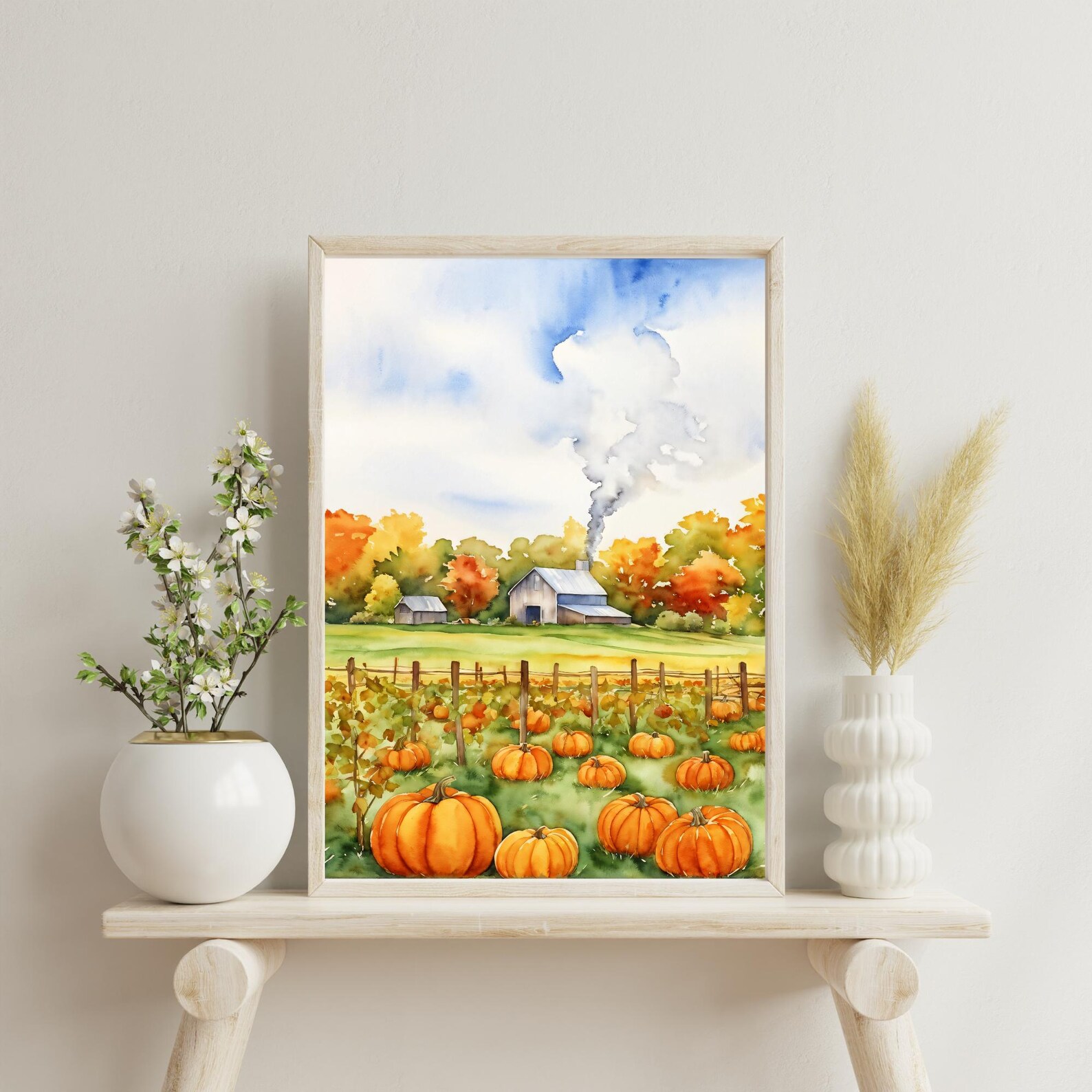 Watercolor Pumpkin Patch Art Print, Halloween Painting, Rustic Autumn ...