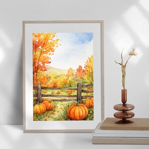Watercolor Pumpkin Patch Art Print, Halloween Painting, Rustic Autumn ...