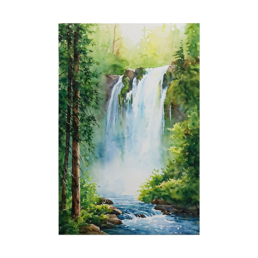 Watercolor Forest Waterfall Art Print, Waterfall Painting, Waterfall ...