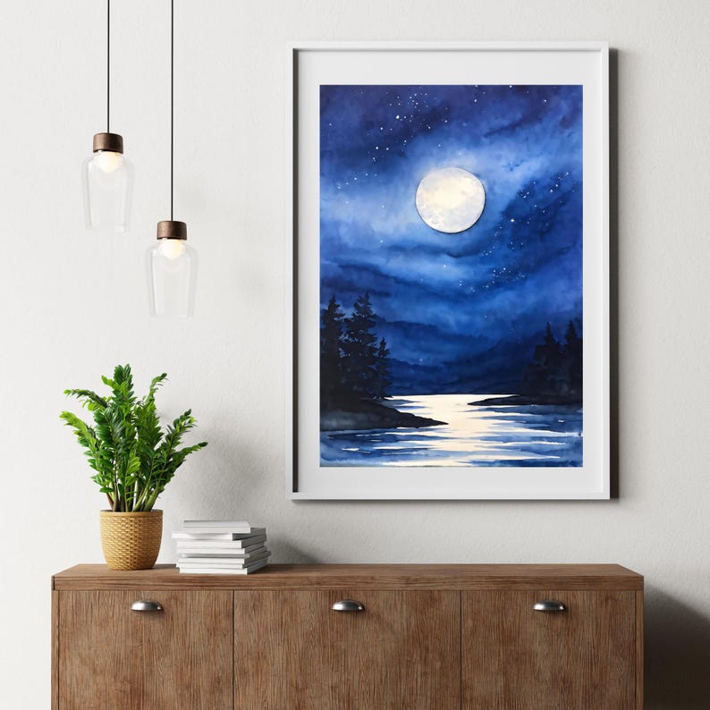Moonlit Night Sky Lake Painting, Dark Forest Poster, Full Moon Blue ...