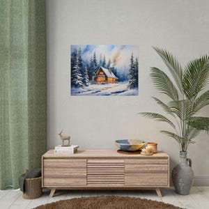 Winter Cabin Print Snow Scene Watercolor Painting Snowy Forest Wall Art ...