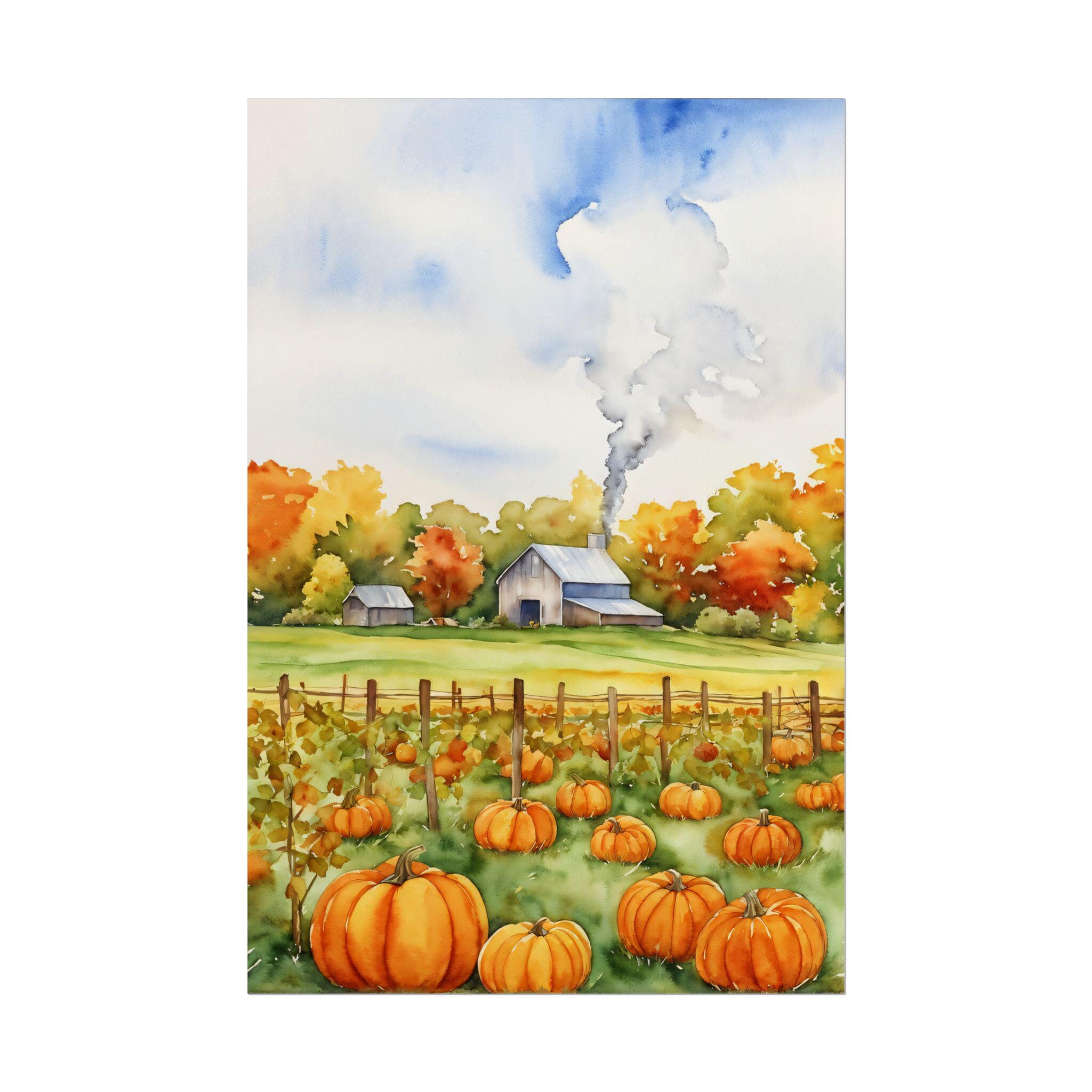 Watercolor Pumpkin Patch Art Print, Halloween Painting, Rustic Autumn Poster, Cozy Fall Wall ...