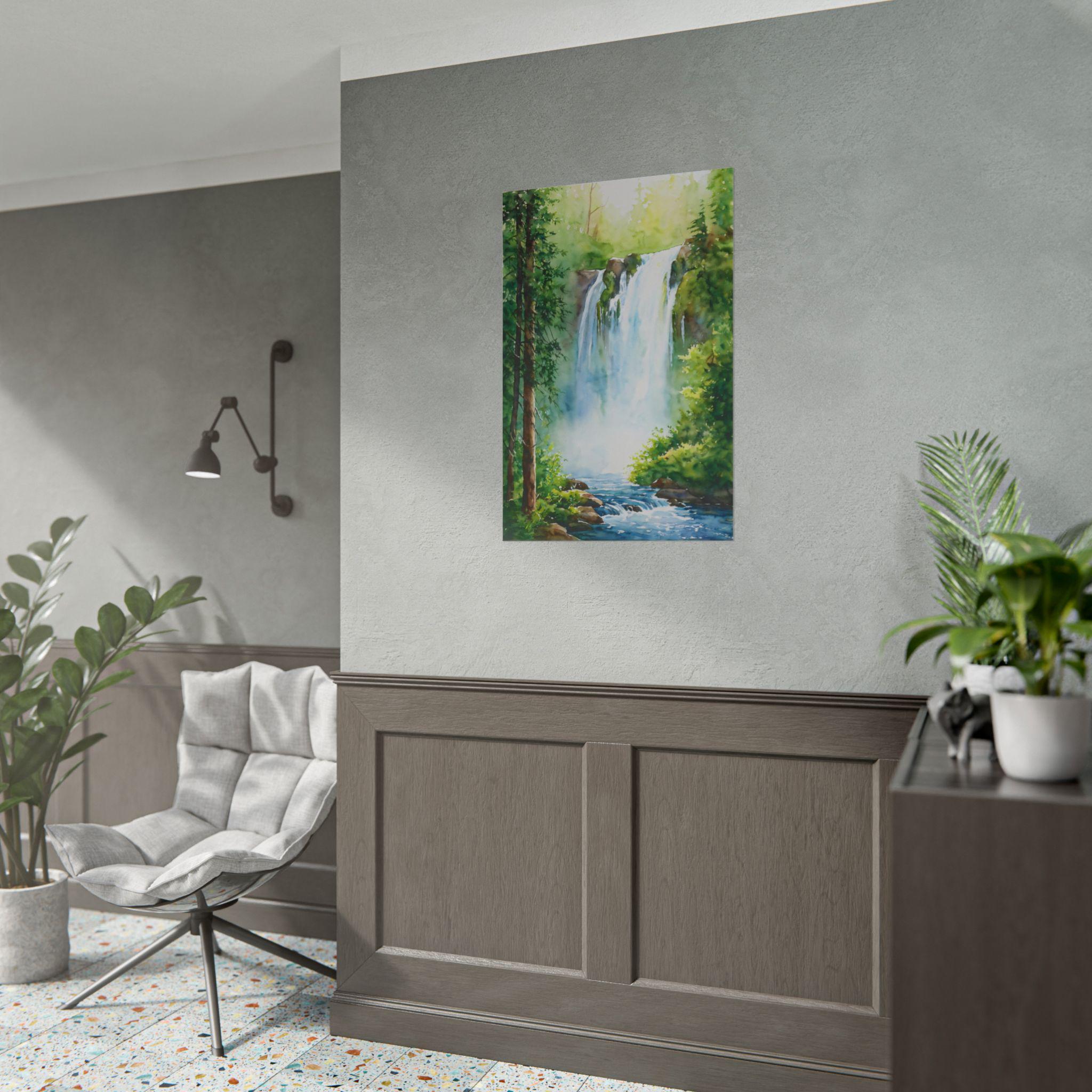 Watercolor Forest Waterfall Art Print, Waterfall Painting, Waterfall ...