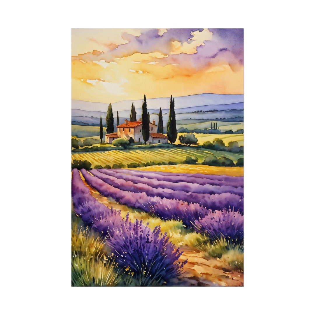Watercolor Lavender Field Art Print, Tuscany Painting, Tuscany ...