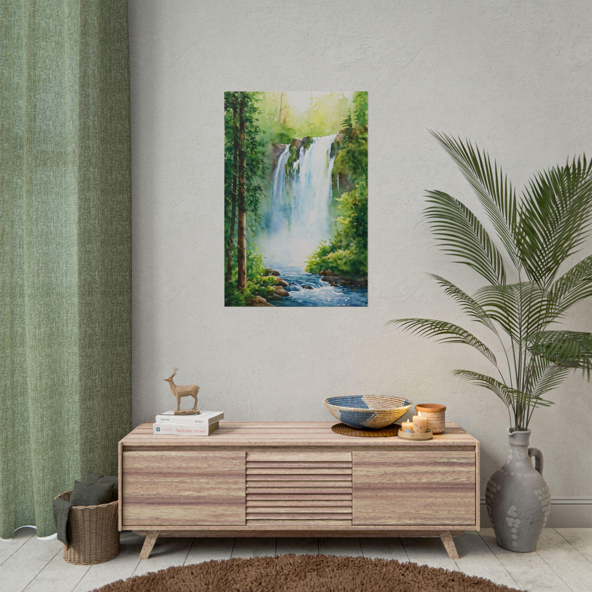 Watercolor Forest Waterfall Art Print, Waterfall Painting, Waterfall ...