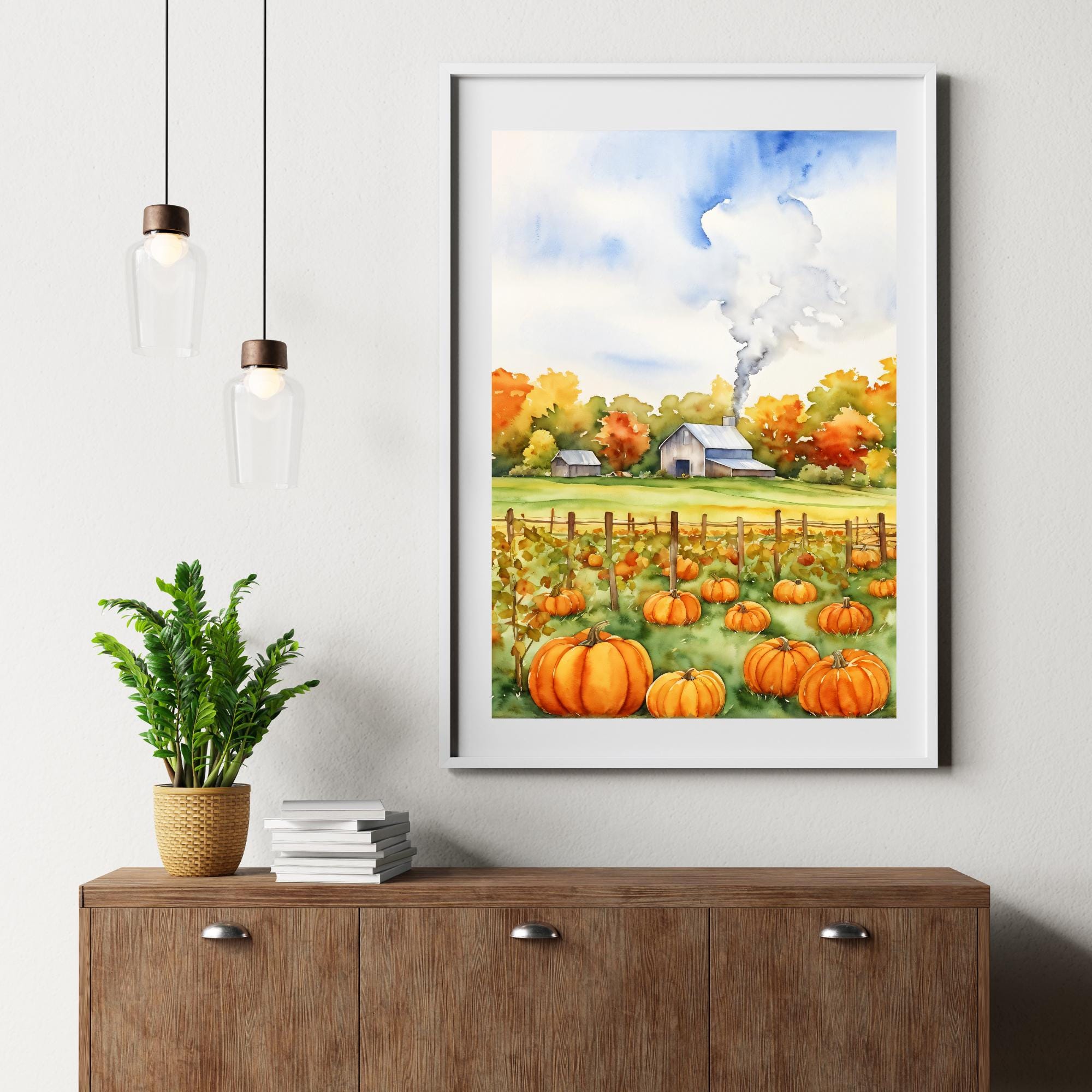 Watercolor Pumpkin Patch Art Print, Halloween Painting, Rustic Autumn ...