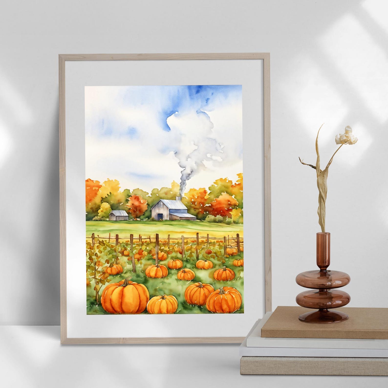 Watercolor Pumpkin Patch Art Print, Halloween Painting, Rustic Autumn ...