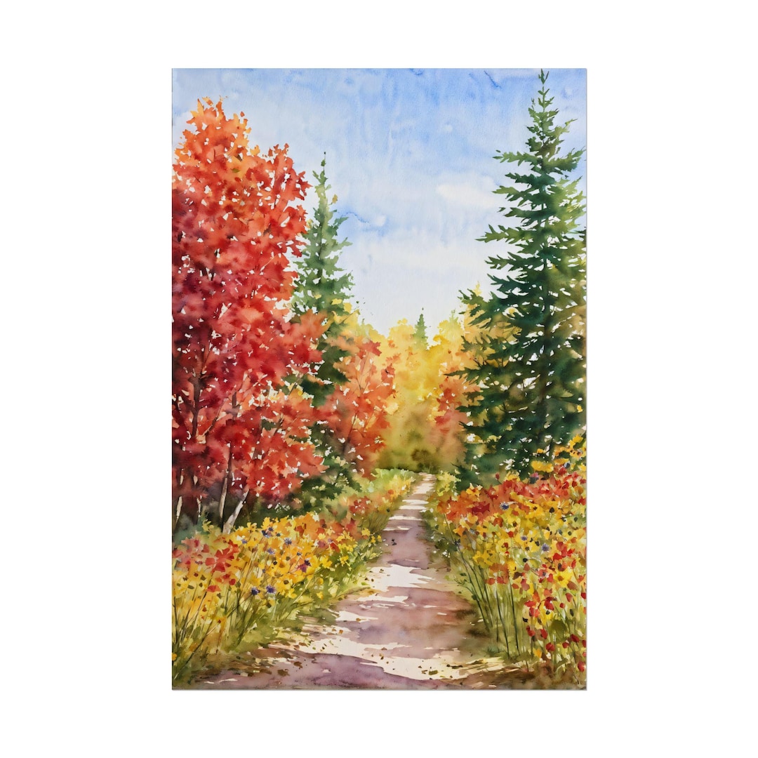 Watercolor Fall Forest Art Print, Forest Path Poster, Autumn Scene ...