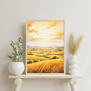 Watercolor Wheat Field Painting, Countryside Poster, Golden Wheat Field ...