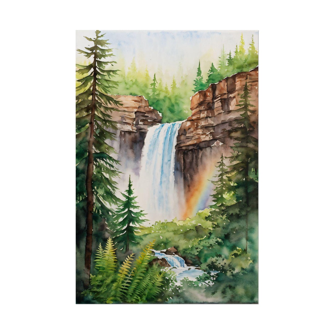 Watercolor Forest Waterfall Art Print, Waterfall Painting, Waterfall ...