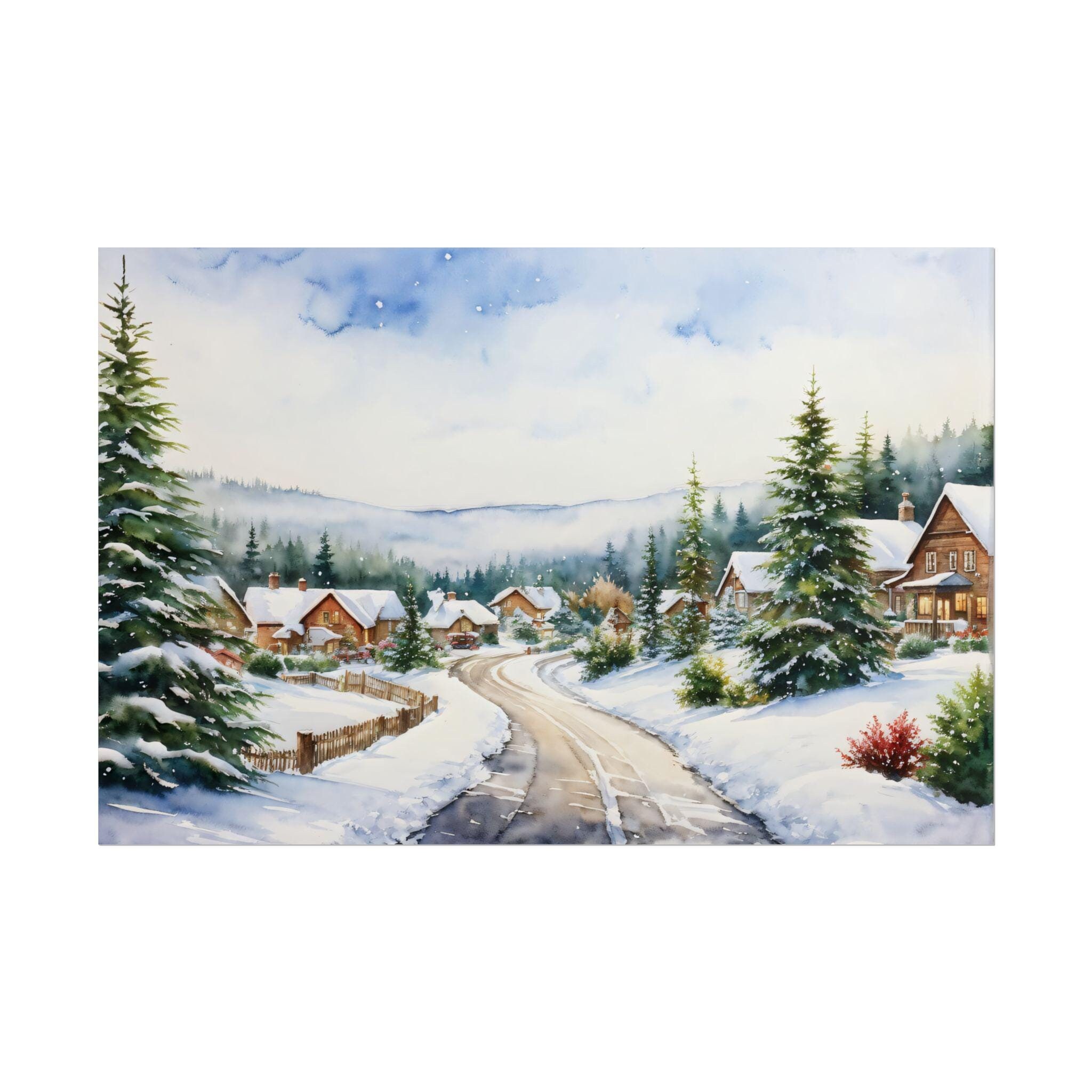 Christmas Winter Village Print, Watercolor Snowy Village Poster, Winter ...