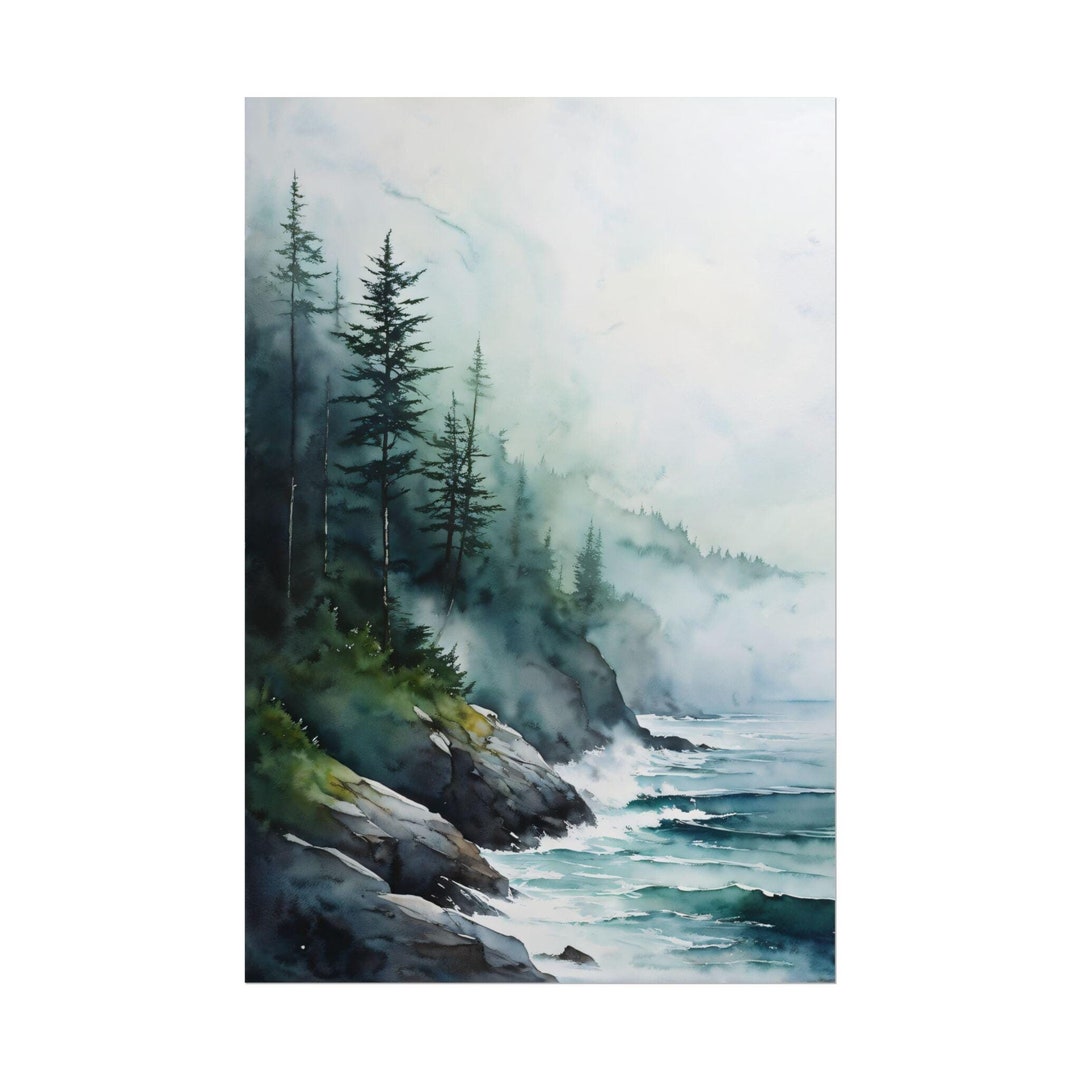 Pacific Mist Watercolor Coastline Art Print, Pacific Northwest, Ocean ...