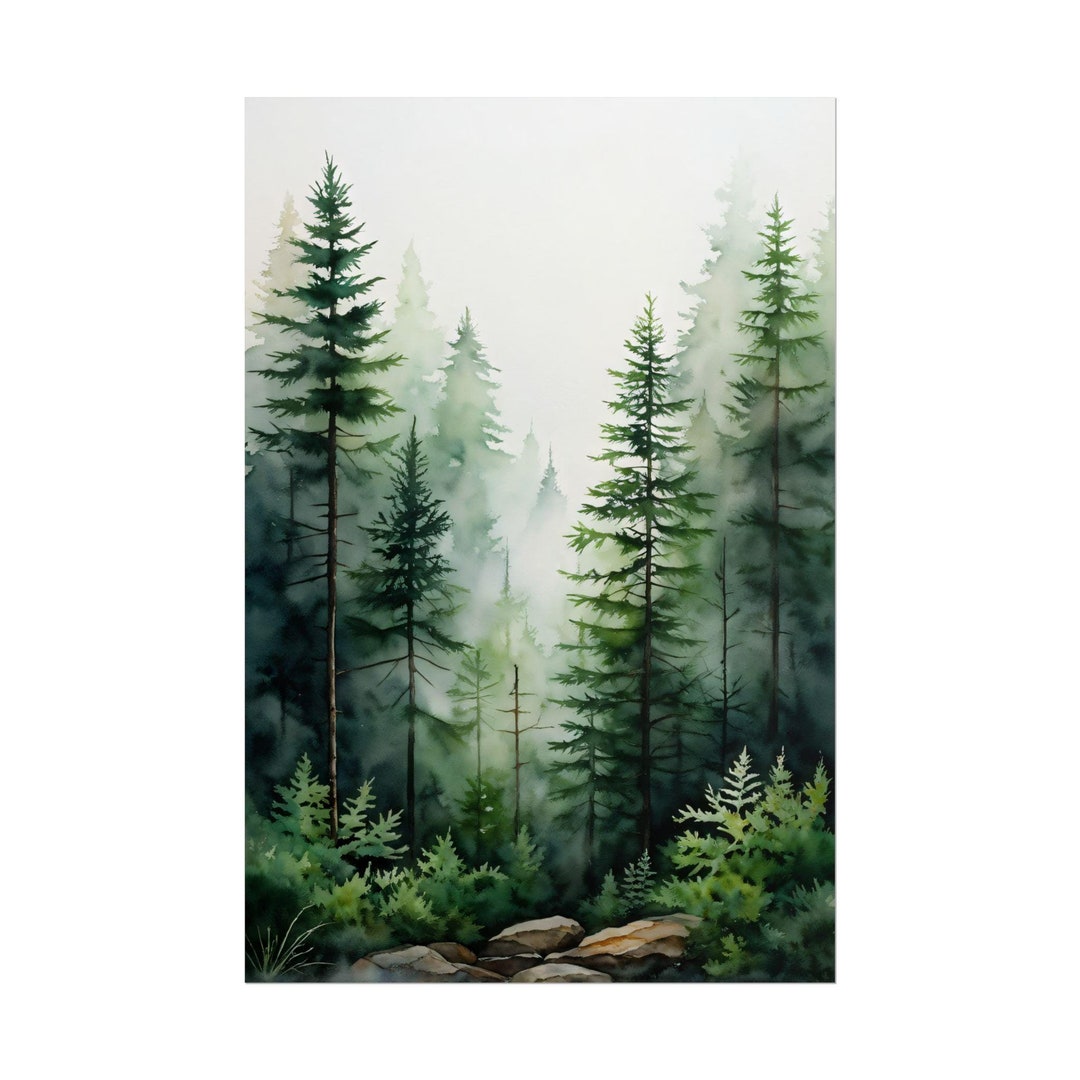 Watercolor Foggy Pine Forest Print, Woodland Poster, Watercolor Nature ...