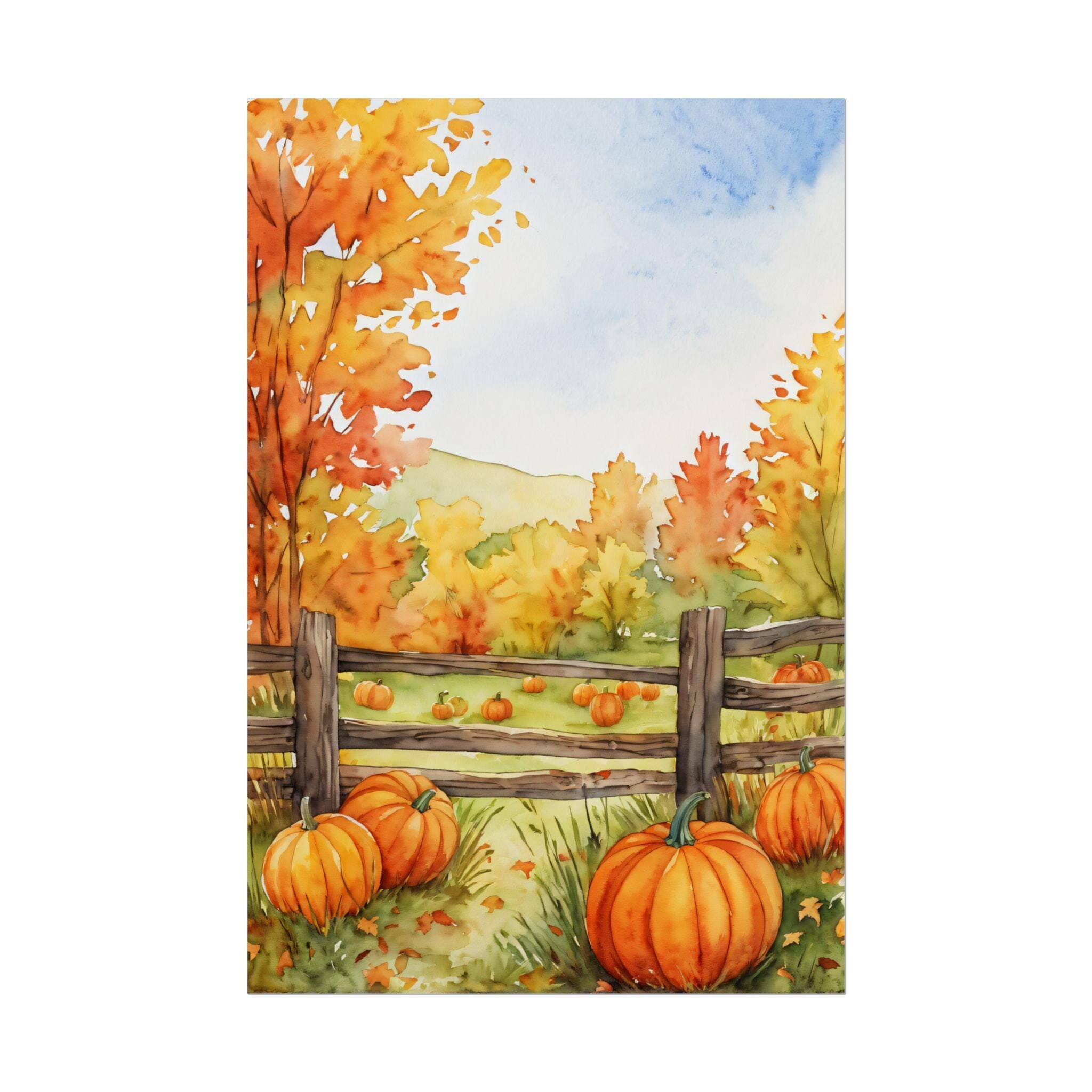 Watercolor Pumpkin Patch Art Print, Halloween Painting, Rustic Autumn Poster, Cozy Fall Wall ...